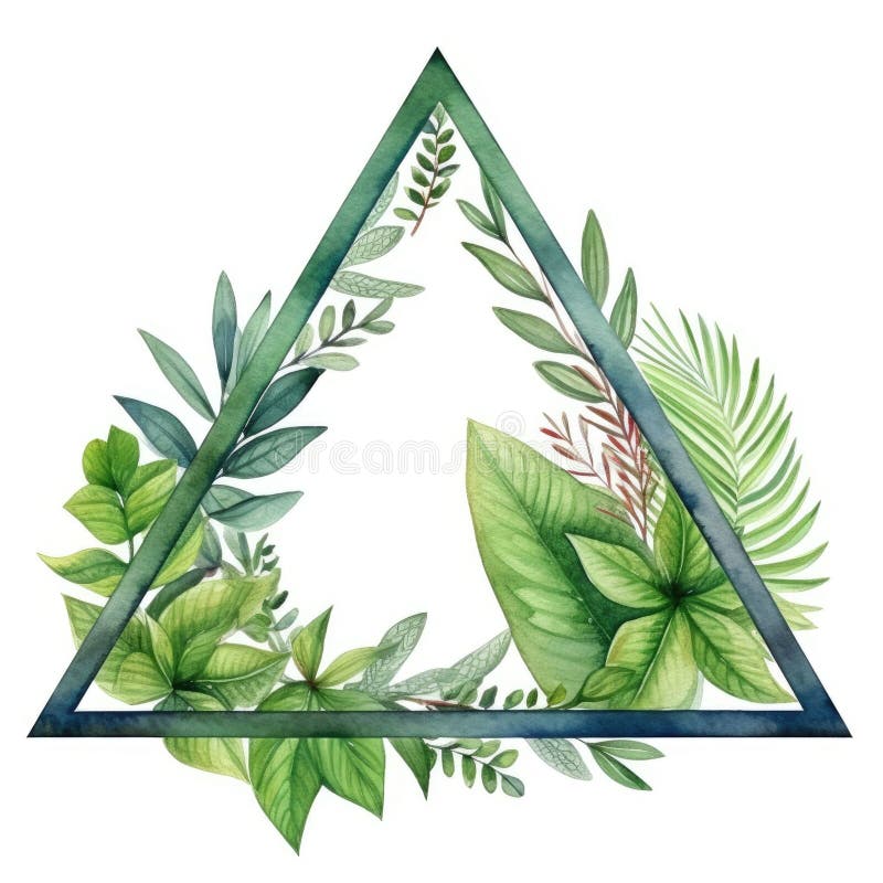 Image of Watercolor Green Leaves Triangle Frame on a White Background ...