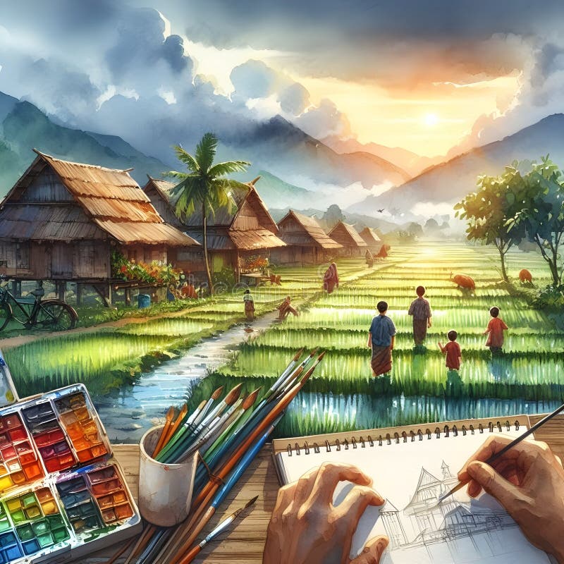 Image of Watercolor Painting Journal of the Beautiful Paddy Field Scene ...