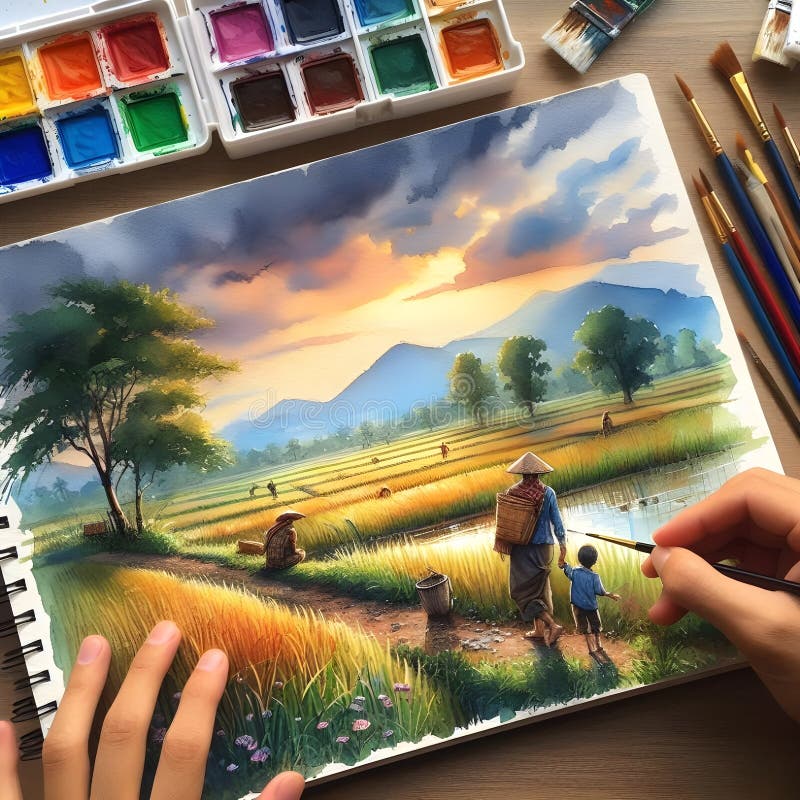 Image of Watercolor Painting Journal of the Beautiful Paddy Field Scene ...