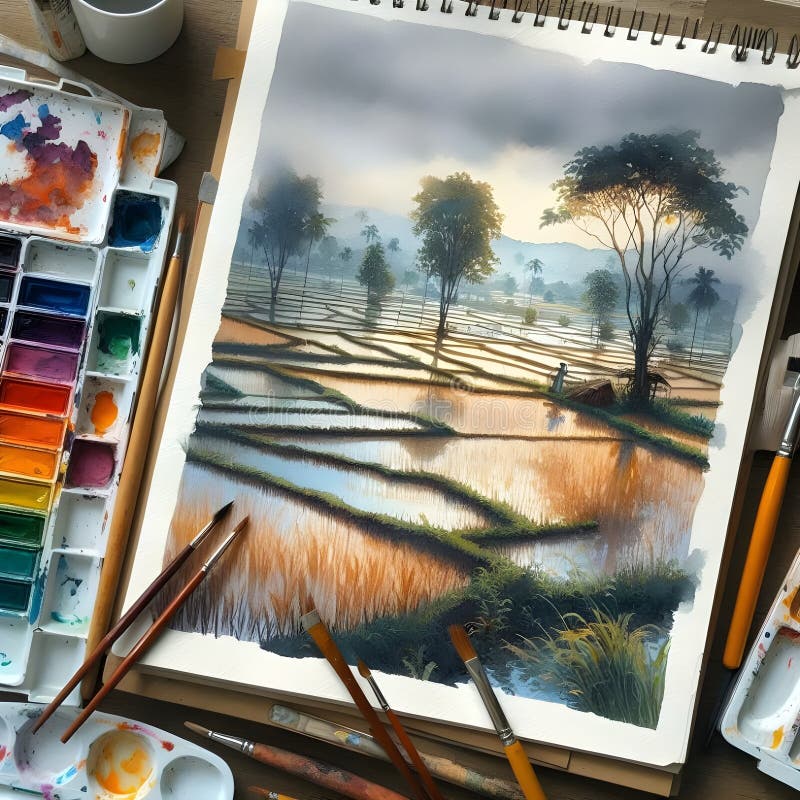 Image of Watercolor Painting Journal of the Beautiful Paddy Field Scene ...