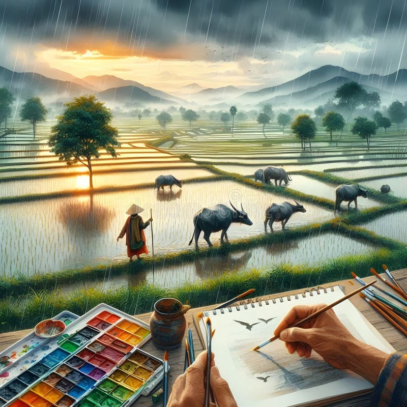 Image of Watercolor Painting Journal of the Beautiful Paddy Field Scene ...