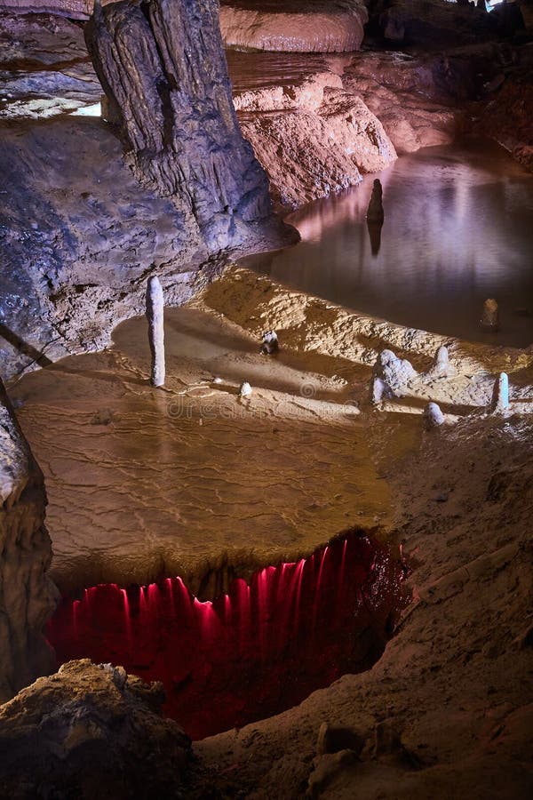 Waterfall in Cave with Waterfall Pouring into Deeper Cave Lite by Red ...