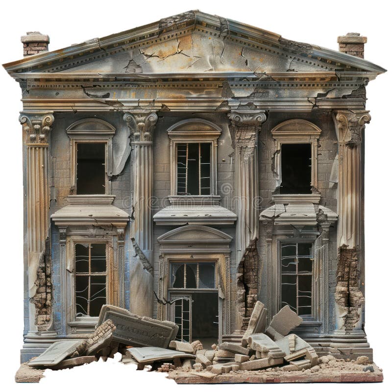 Image of a Weathered Classical Building Facade with Visible Damage and ...