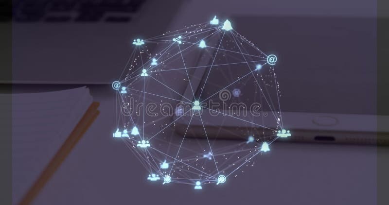 Image of Web of Connections with Icons Floating Over a Desk with a ...