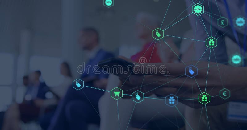 Image of Web of Connections with Icons Floating Over Hands of a Man ...