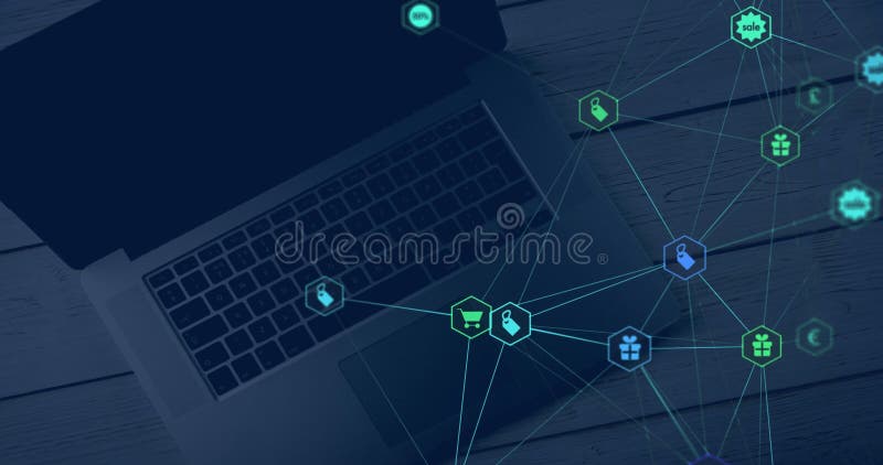 Image of Web of Connections with Icons Floating Over a Laptop Computer ...