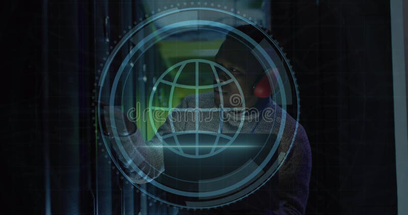 Image of Web Globe Icon Over African American Male Engineer Using Laptop at Server Room Stock ...