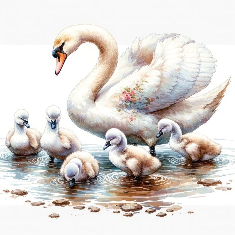 A Mother Swan Takes Care of Her Baby, Watercolor Illustration on a ...