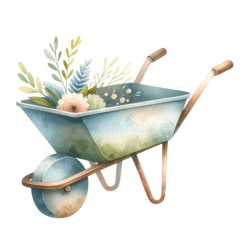 Wheelbarrow on a Spring Day. Watercolor on a White Background. Stock ...