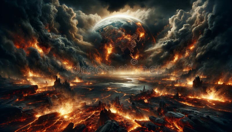 Burning, Fiery Earth in a Post-apocalyptic Landscape with Dark Clouds ...