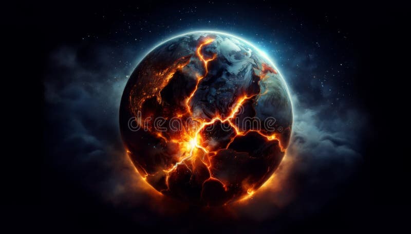 Earth Boiling with Glowing Cracks and Fire, Set Against a Dark Space ...