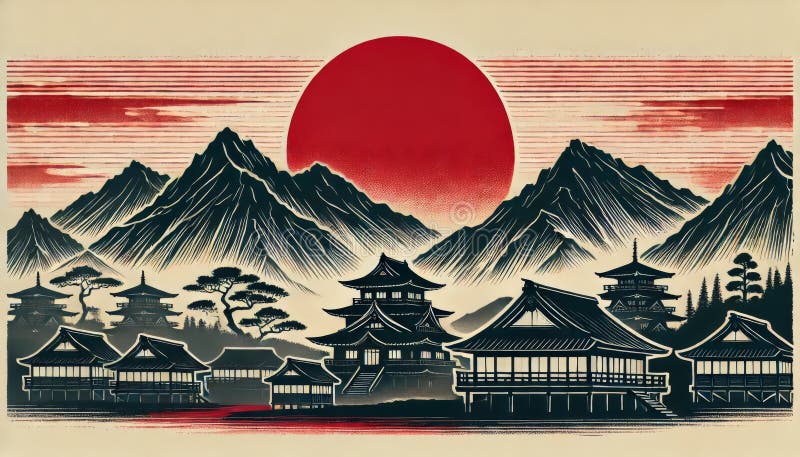 Red Sun Over Japan stock illustration. Illustration of vintage - 327255083