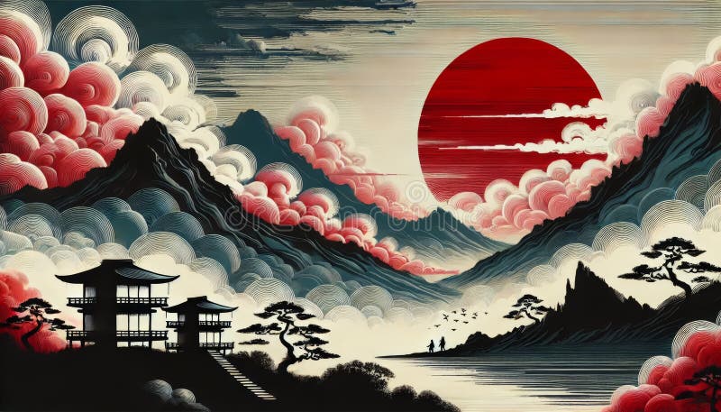 Historic Japanese View stock illustration. Illustration of hill - 327255135