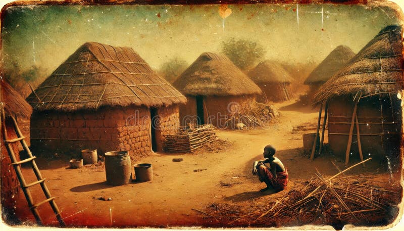 Nostalgic African Village Scene Stock Illustration - Illustration of ...