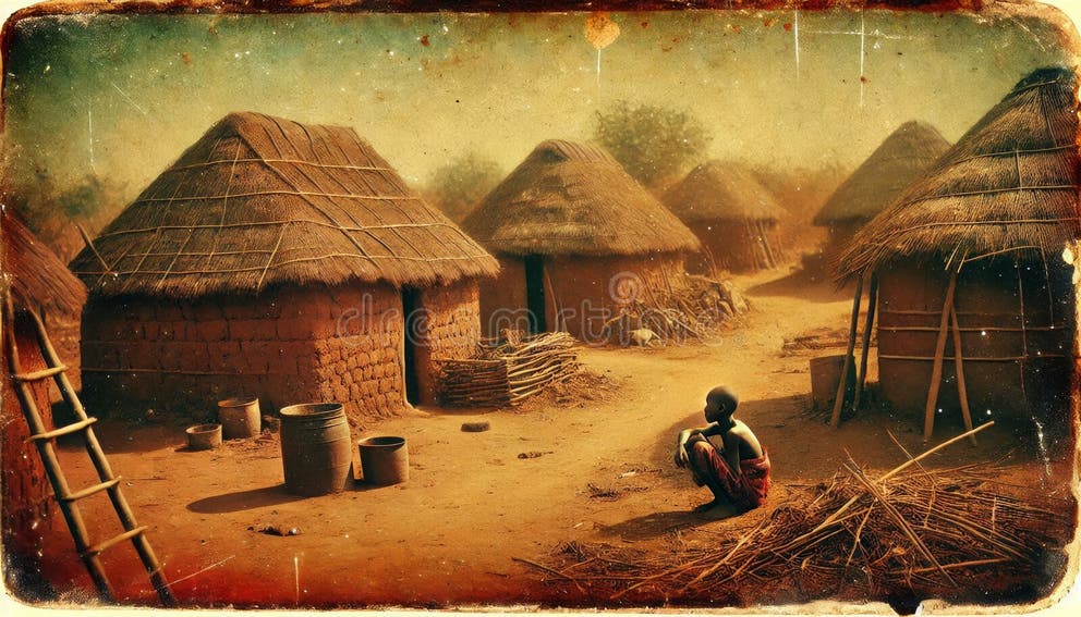 Nostalgic African Village Scene Stock Illustration - Illustration of ...