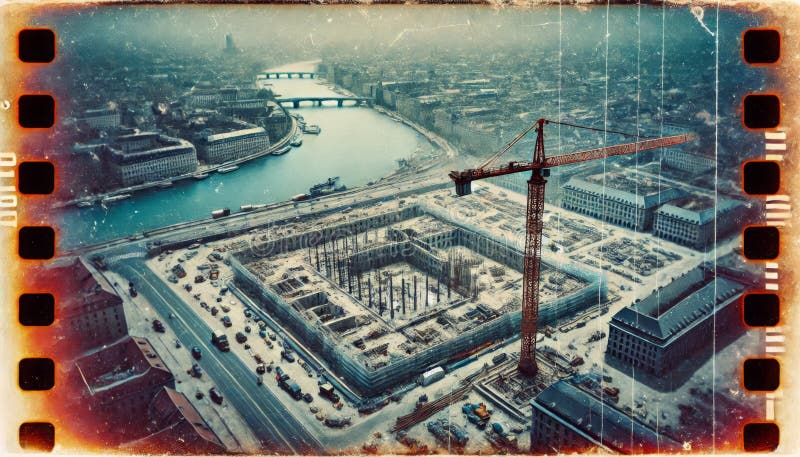 Vintage Construction Scene stock illustration. Illustration of ...