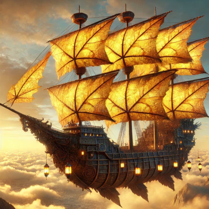 Autumn Fantasy: Flying Ship Stock Illustration - Illustration of sail ...