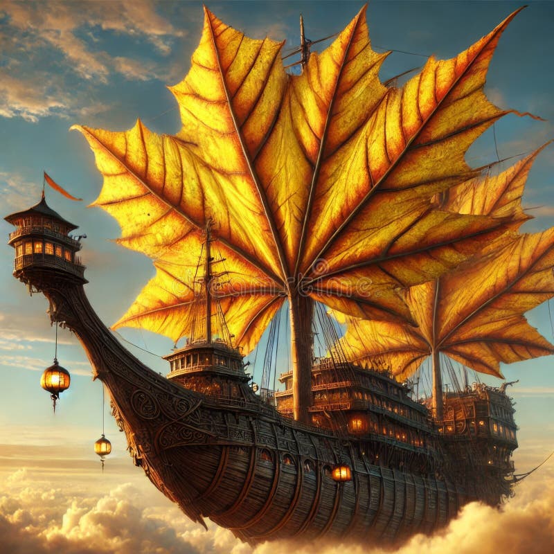 Airborne Ship with Golden Leaf Sails Stock Illustration - Illustration ...