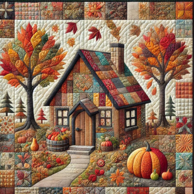 Cozy Autumn Cottage in Patchwork Stock Illustration - Illustration of ...