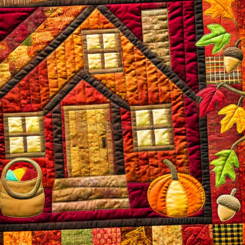 Cottage and Pumpkins in Fall Patchwork Stock Illustration ...
