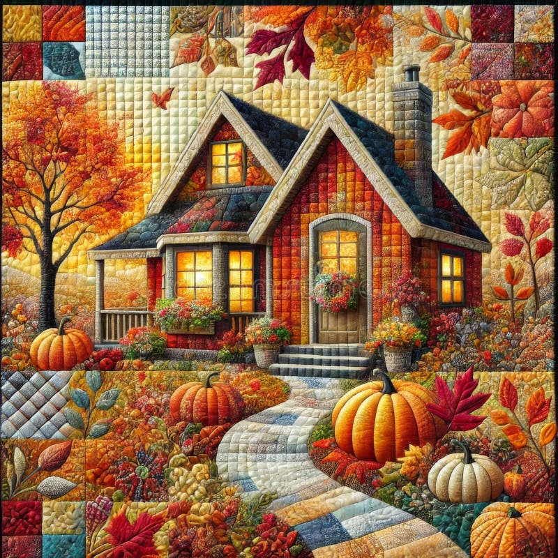 Patchwork Cottage Surrounded by Fall Leaves Stock Illustration ...