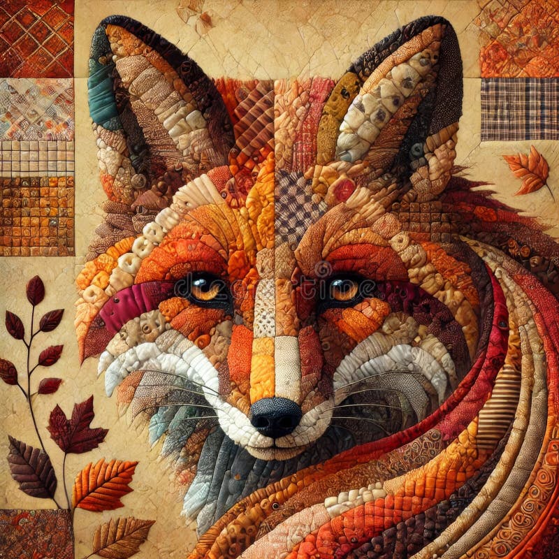 Vibrant Patchwork Fox with Fall Motifs Stock Illustration ...
