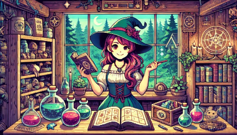 Pixel Witch with Spell Book and Potions Stock Illustration ...