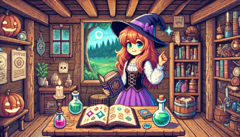 Pixel Art Witch Surrounded by Magic and Potions Stock Illustration ...