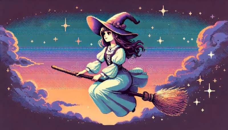 Pixel Witch Flying with the Moon Behind Stock Illustration ...
