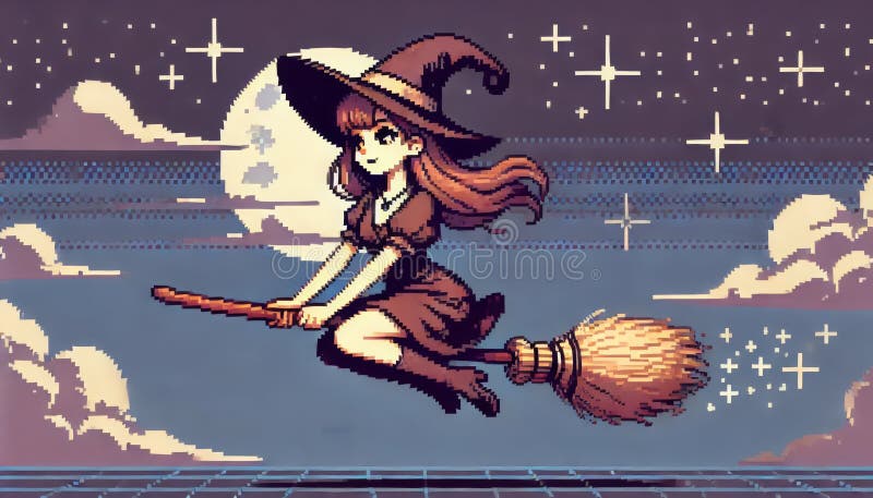 Pixel Art Witch and Broomstick at Night Stock Illustration ...