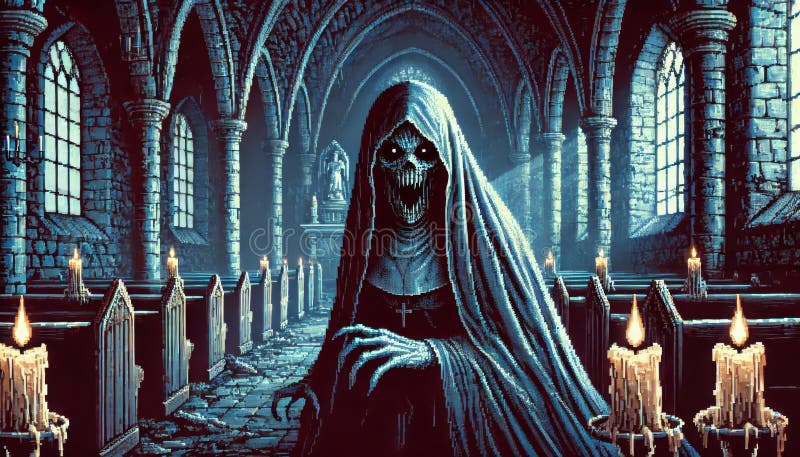 Sinister Nun with Skull Face in Church Stock Illustration ...