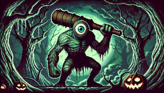 Sinister Cyclops with Glowing Eye in Forest Stock Illustration ...