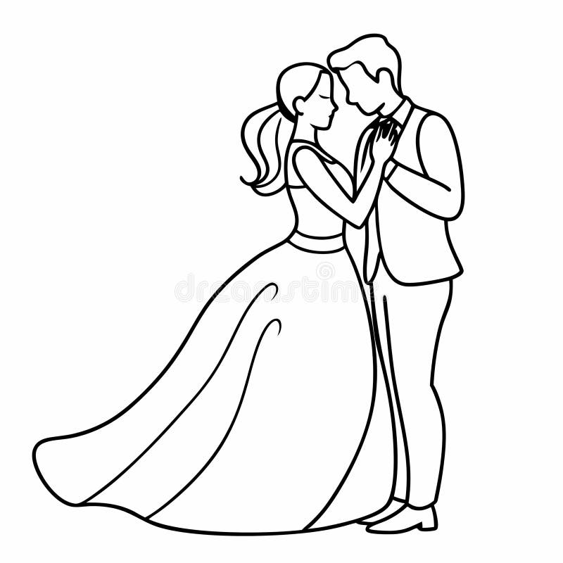 Wedding Couples Dancing at a Party, Just Married Theme, Continuous Line ...