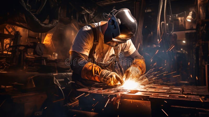 Image of a Welder Working in a Dim Workshop Stock Illustration ...