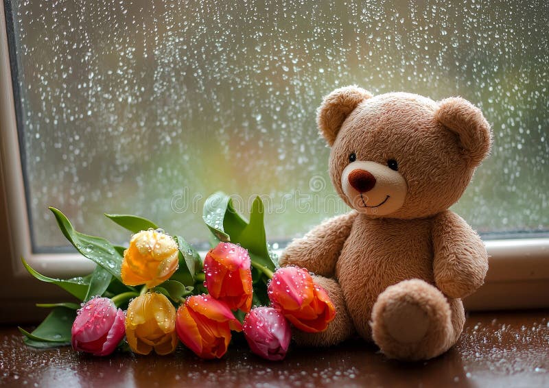 Image of a Wet Teddy Bear and Flowers on a Rainy Day, High-Resolution AI-Generated Digital Art ...