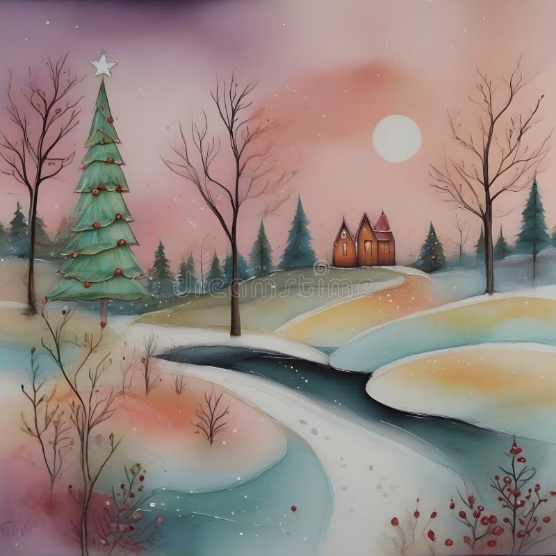 Image of the Whimsical Christmas Landscape Soft Pastels in Alcohol Inks ...