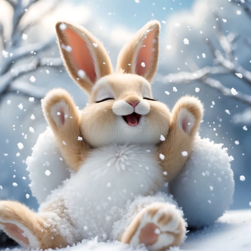 Illustration of a Cute Fluffy Rabbit Lying on Its Back Against a Snowy ...