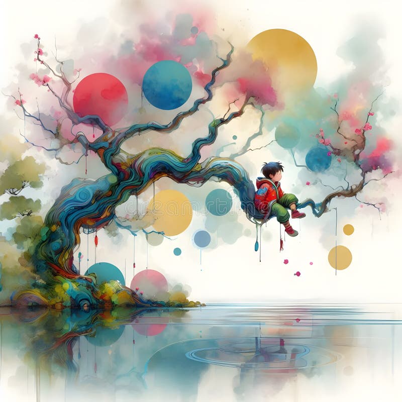 Image of a Whimsical Minimalist of Little Kid Sitting on Tree Branch ...