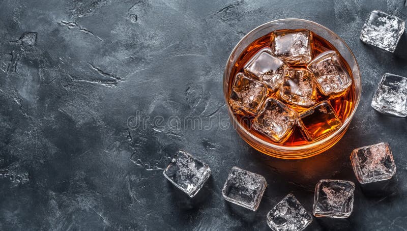 In this Image, a Whisky Glass with Ice Over a Dark Stone Surface ...