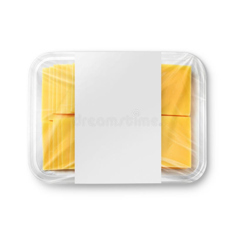 An Image of a White Cheese Plastic Tray with Label Isolated on a White ...