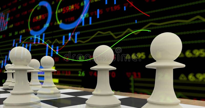 Image of White Chess Pieces Over Graphs and Charts Processing Data on ...
