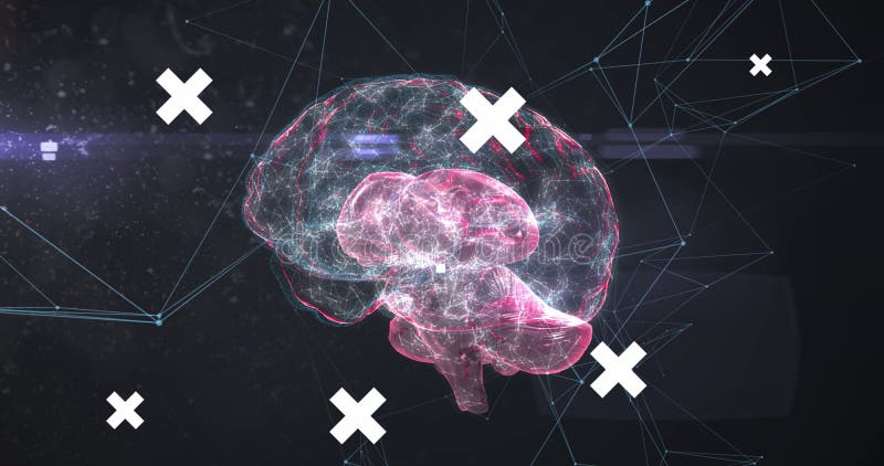 Image of White Crosses Over Rotating Brain with Data, Drawing of Face ...