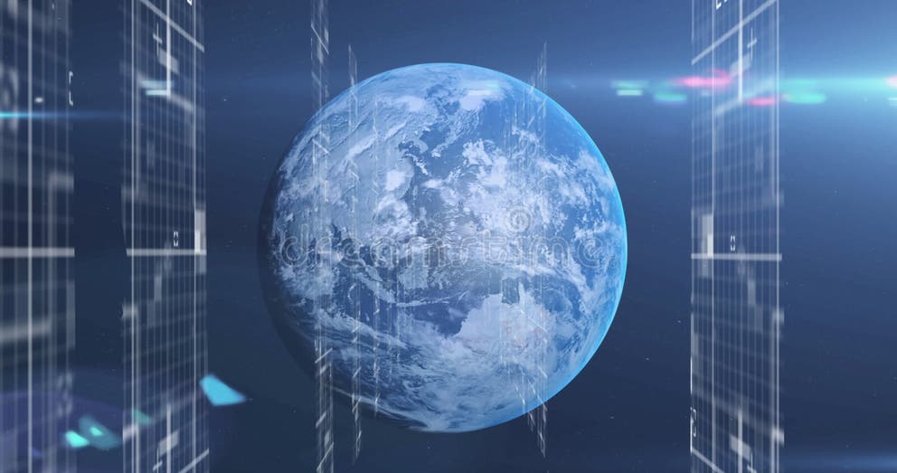 Image of White Light Trails on Screens Over Earth in Universe on Blue ...