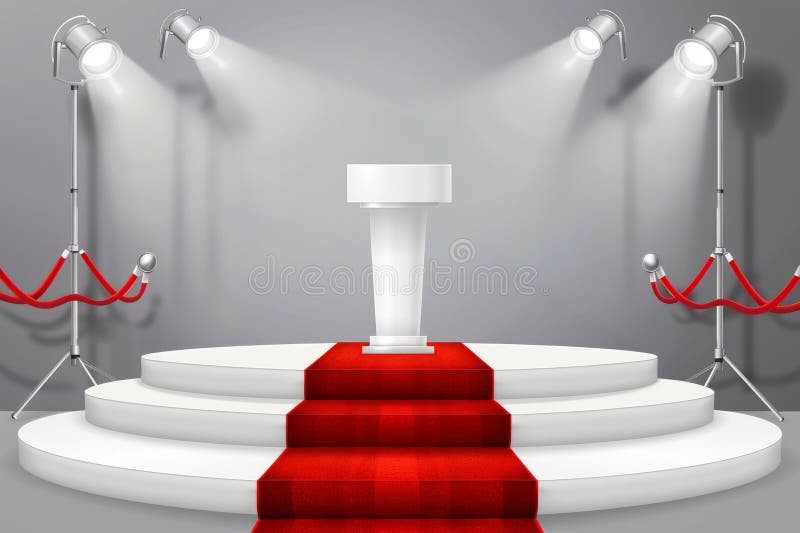White Podium with Red Carpet and Spotlights on a Stage for an Award ...