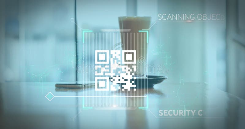 Image of a White QR Code Scanning Over a Cup of Caffe Latte Standing on ...