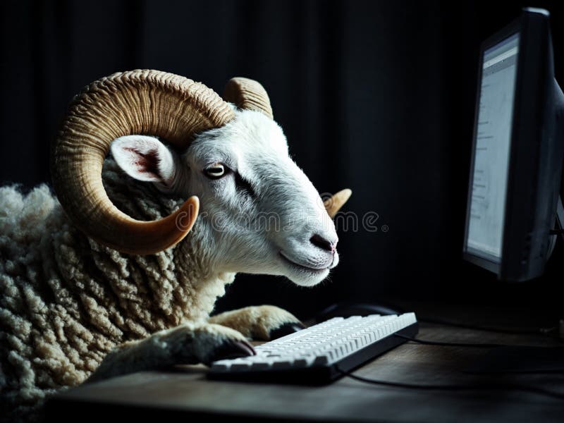 Sheep using computer stock illustration. Illustration of office - 365066037