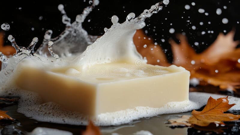 The Image of a White Soap Bar Falling with Splashes Presents a ...