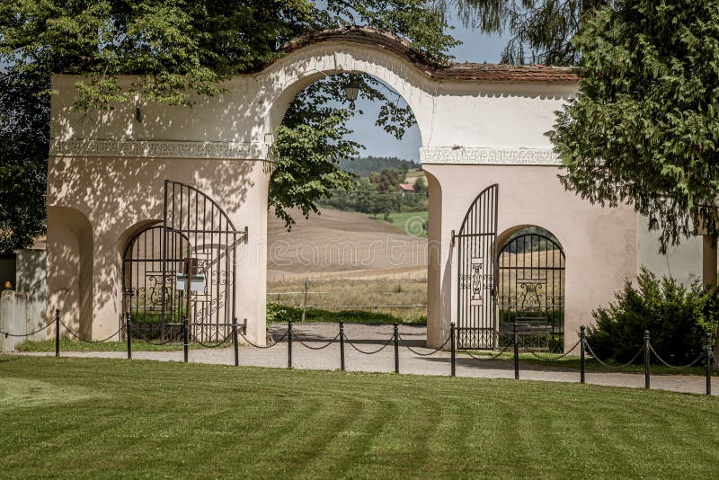 Image of a Wide Open Gate of a Park with a Manicured Lawn Stock Image ...