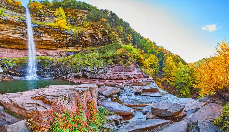 Wide Panoramic View from Below of Waterfall Over Cliffs and Fall ...