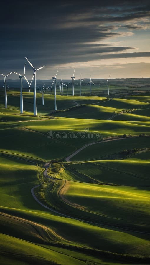 An Image of a Wind Farm with Rows of Wind Turbines Spinning in the Wind ...